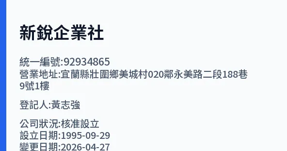 新銳企業社的照片-統編 92934865(宜蘭縣) 公司登記資料與營業項目詳細圖表