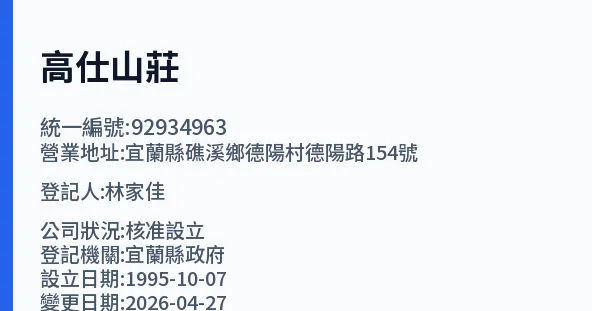 高仕山莊的照片-統編 92934963(宜蘭縣) 公司登記資料與營業項目詳細圖表