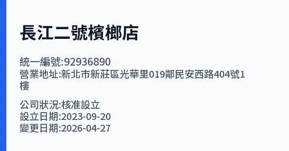 長江二號檳榔店的照片-統編 92936890(新北市) 公司登記資料與營業項目詳細圖表