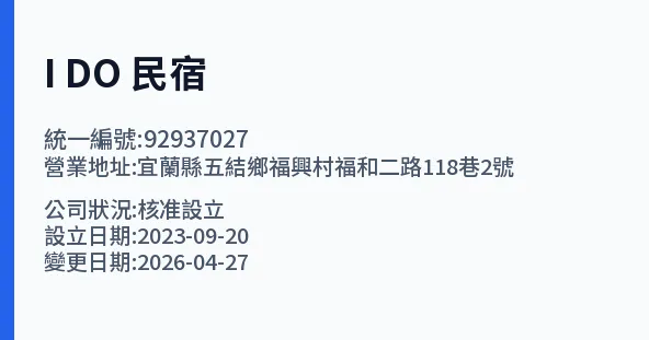 I DO 民宿的照片-統編 92937027(宜蘭縣) 公司登記資料與營業項目詳細圖表