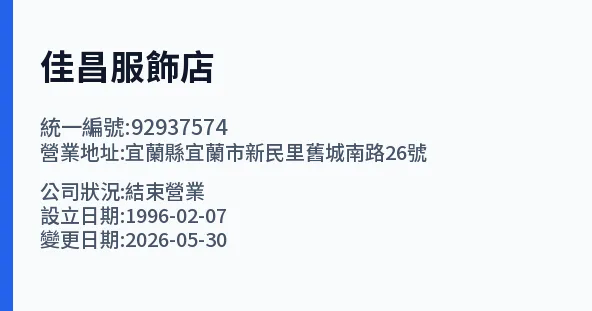 佳昌服飾店的照片-統編 92937574(宜蘭縣) 公司登記資料與營業項目詳細圖表