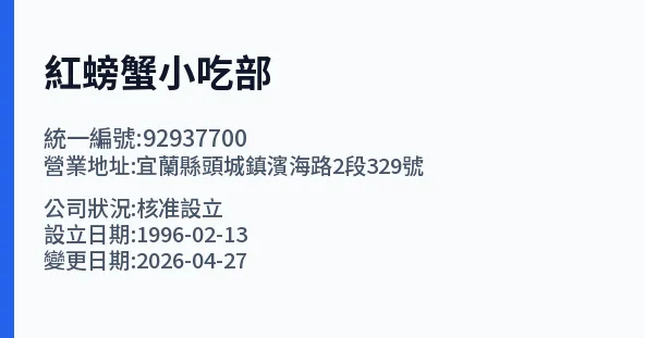 紅螃蟹小吃部的照片-統編 92937700(宜蘭縣) 公司登記資料與營業項目詳細圖表
