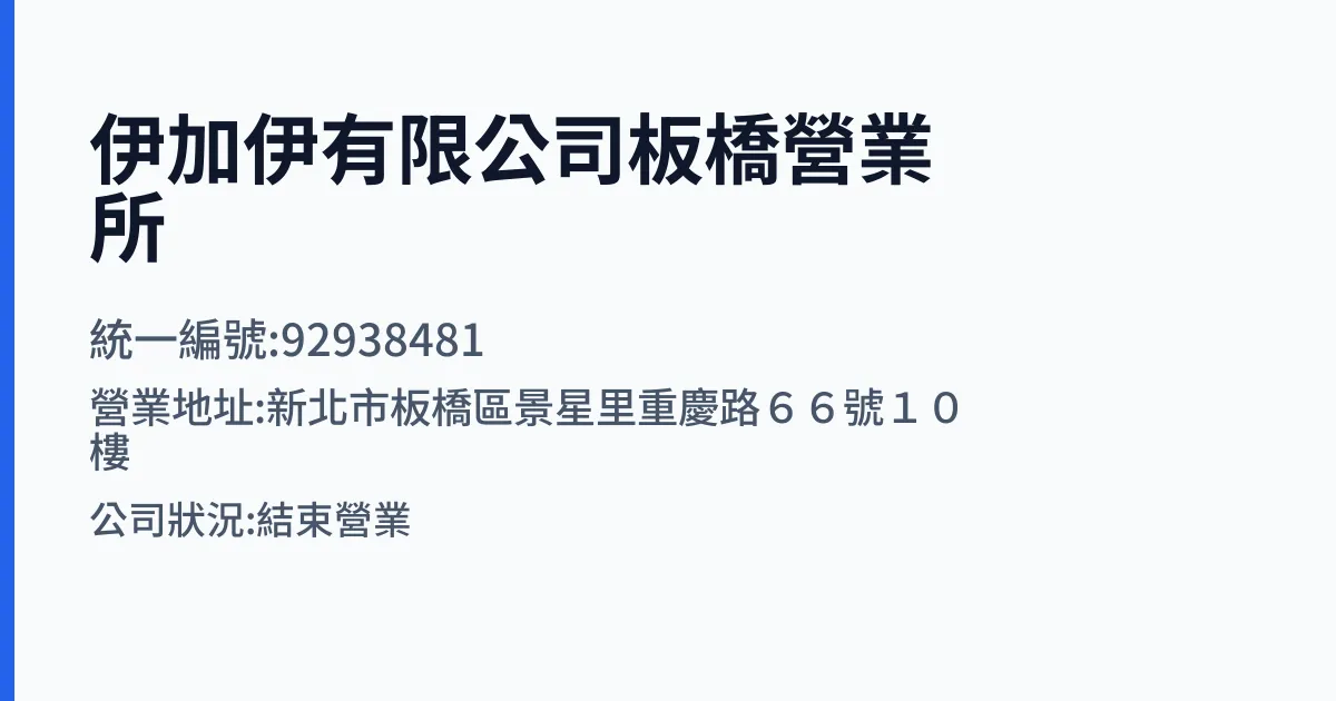 伊加伊有限公司板橋營業所 - 統編 92938481(新北市) 公司登記資料與營業項目詳細圖表