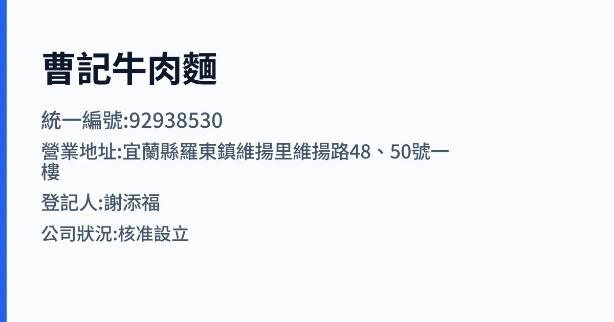 曹記牛肉麵 - 統編 92938530(宜蘭縣) 公司登記資料與營業項目詳細圖表