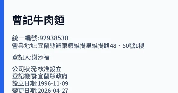 曹記牛肉麵的照片-統編 92938530(宜蘭縣) 公司登記資料與營業項目詳細圖表