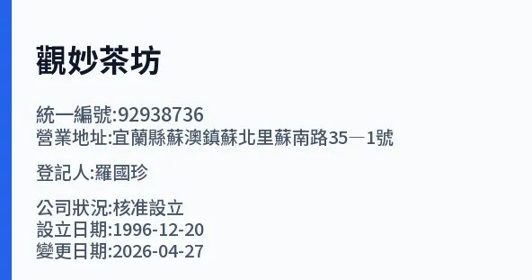 觀妙茶坊的照片-統編 92938736(宜蘭縣) 公司登記資料與營業項目詳細圖表