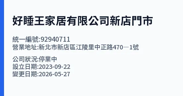 好睡王家居有限公司新店門市的照片-統編 92940711(新北市) 公司登記資料與營業項目詳細圖表