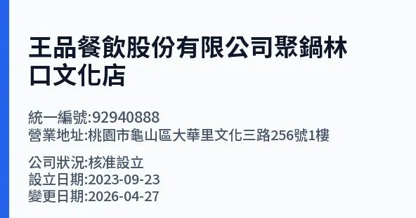 王品餐飲股份有限公司聚鍋林口文化店的照片-統編 92940888(桃園市) 公司登記資料與營業項目詳細圖表