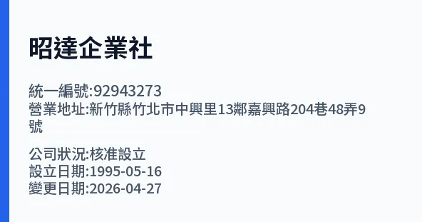 昭達企業社的照片-統編 92943273(新竹縣) 公司登記資料與營業項目詳細圖表