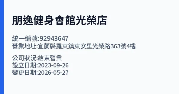 朋逸健身會館光榮店的照片-統編 92943647(宜蘭縣) 公司登記資料與營業項目詳細圖表