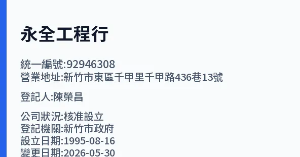 永全工程行的照片-統編 92946308(新竹市) 公司登記資料與營業項目詳細圖表