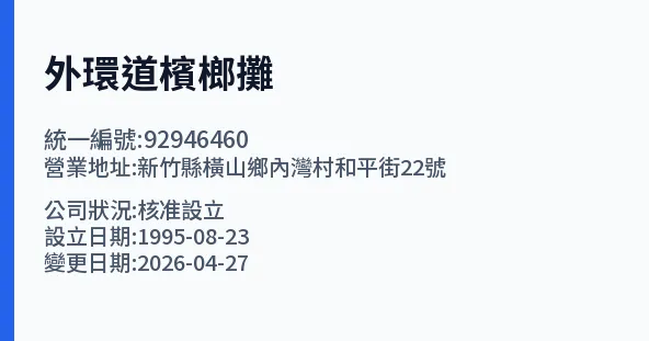 外環道檳榔攤的照片-統編 92946460(新竹縣) 公司登記資料與營業項目詳細圖表