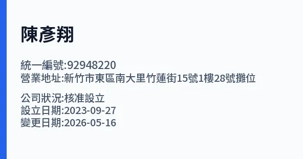 陳彥翔的照片-統編 92948220(新竹市) 公司登記資料與營業項目詳細圖表