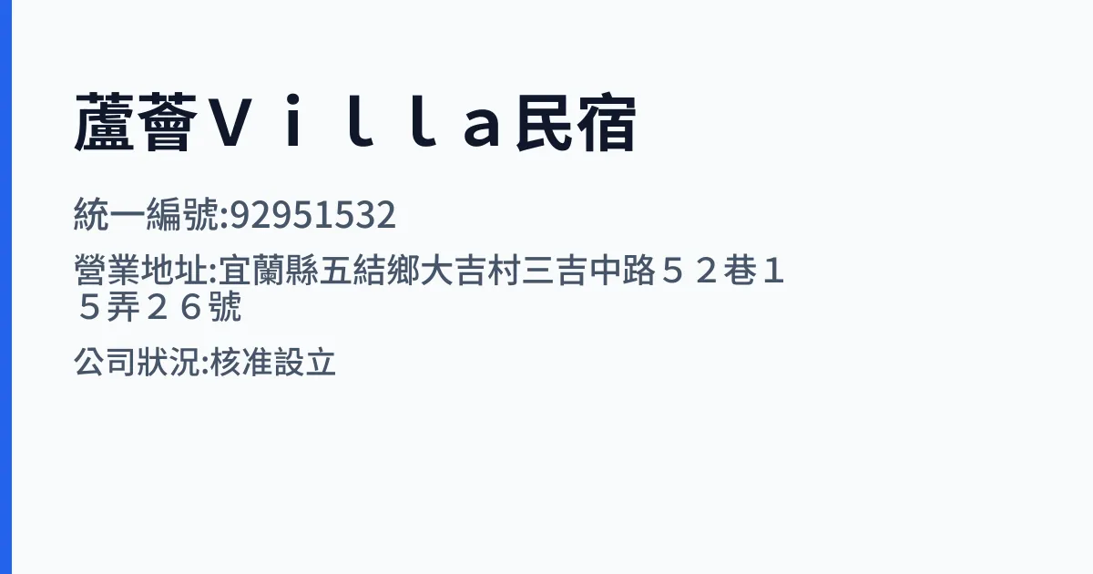 蘆薈Ｖｉｌｌａ民宿 - 統編 92951532(宜蘭縣) 公司登記資料與營業項目詳細圖表