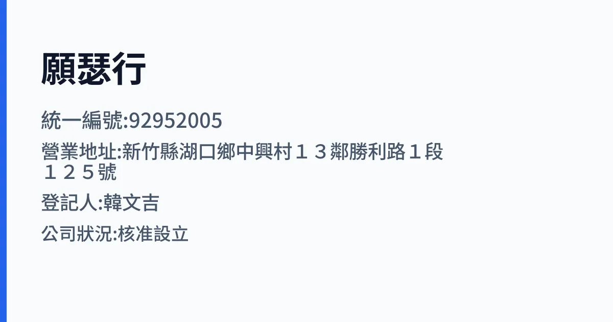 願瑟行 - 統編 92952005(新竹縣) 公司登記資料與營業項目詳細圖表