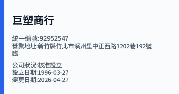 巨塑商行的照片-統編 92952547(新竹縣) 公司登記資料與營業項目詳細圖表