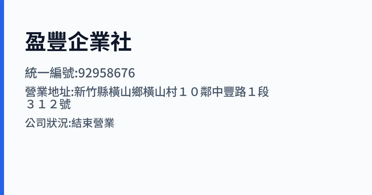 盈豐企業社 - 統編 92958676(新竹縣) 公司登記資料與營業項目詳細圖表