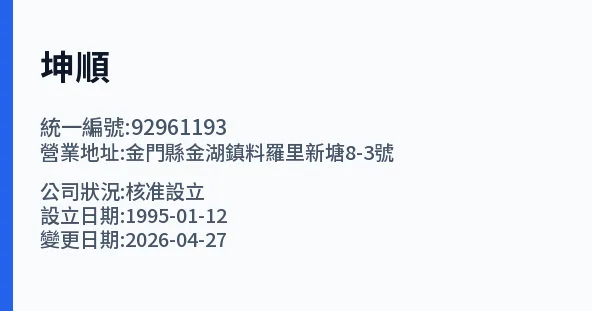 坤順的照片-統編 92961193(金門縣) 公司登記資料與營業項目詳細圖表