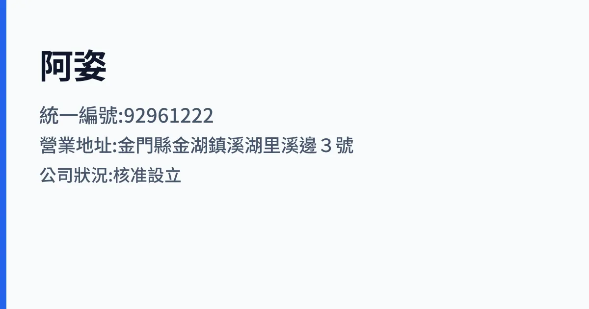 阿姿 - 統編 92961222(金門縣) 公司登記資料與營業項目詳細圖表