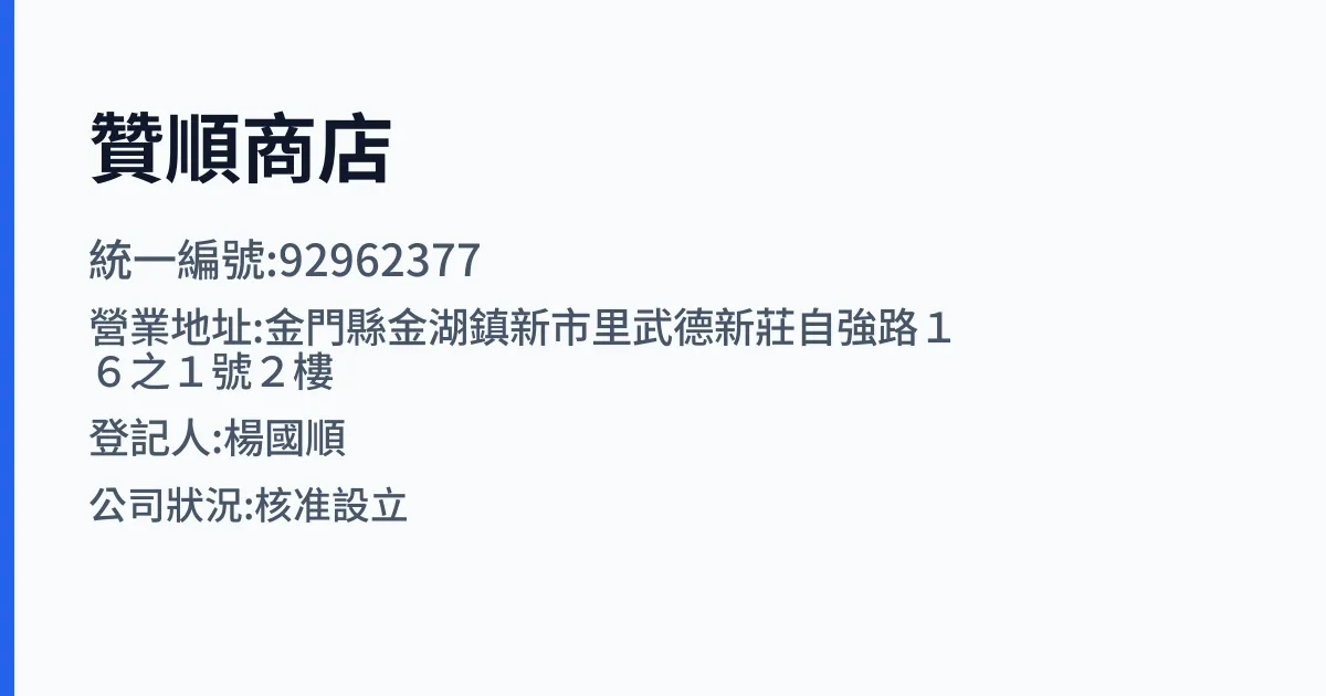 贊順商店 - 統編 92962377(金門縣) 公司登記資料與營業項目詳細圖表