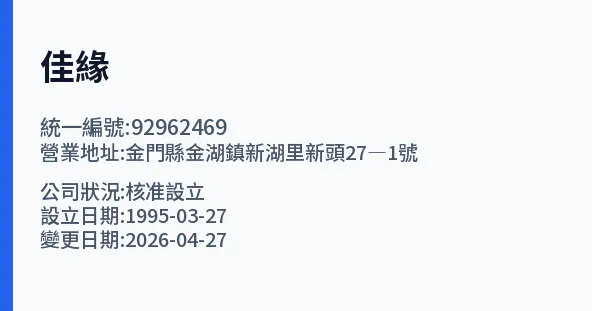 佳緣的照片-統編 92962469(金門縣) 公司登記資料與營業項目詳細圖表