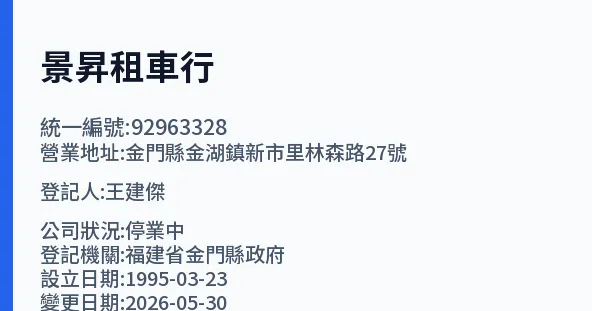 景昇租車行的照片-統編 92963328(金門縣) 公司登記資料與營業項目詳細圖表