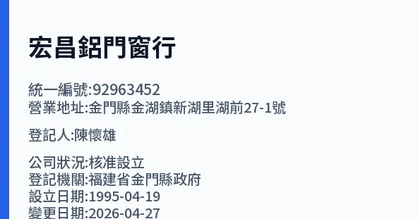宏昌鋁門窗行的照片-統編 92963452(金門縣) 公司登記資料與營業項目詳細圖表