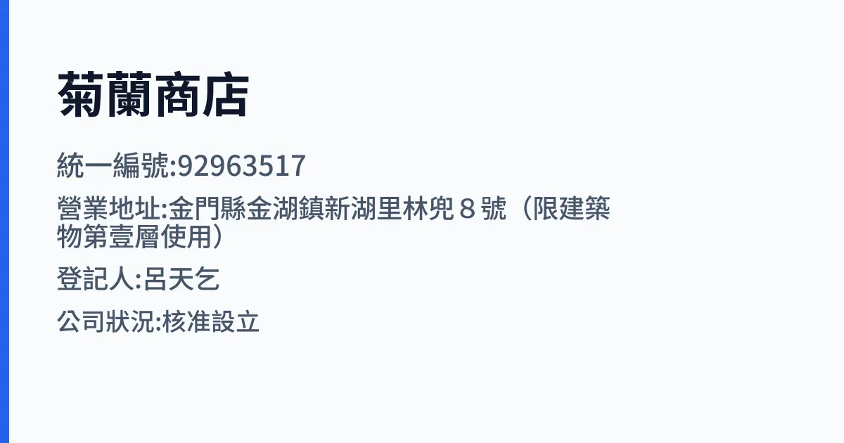 菊蘭商店 - 統編 92963517(金門縣) 公司登記資料與營業項目詳細圖表
