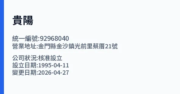 貴陽的照片-統編 92968040(金門縣) 公司登記資料與營業項目詳細圖表