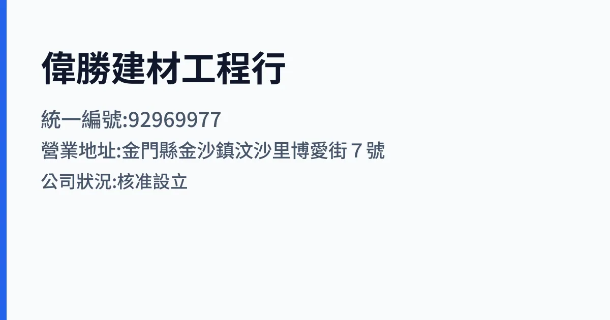 偉勝建材工程行 - 統編 92969977（金門縣） 公司登記資料與營業項目詳細圖表