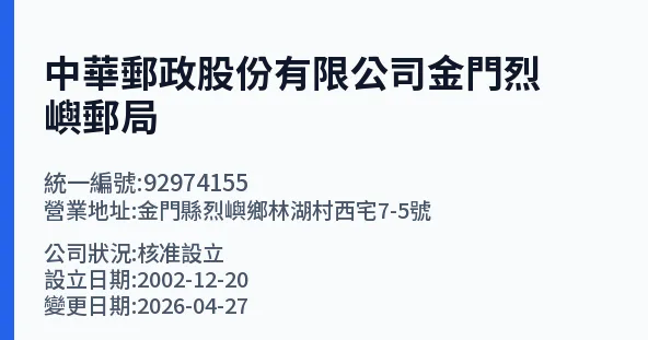 中華郵政股份有限公司金門烈嶼郵局的照片-統編 92974155(金門縣) 公司登記資料與營業項目詳細圖表