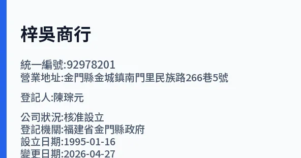 梓吳商行的照片-統編 92978201(金門縣) 公司登記資料與營業項目詳細圖表