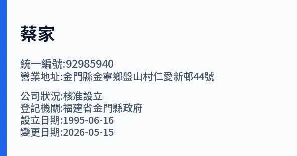 蔡家的照片-統編 92985940(金門縣) 公司登記資料與營業項目詳細圖表