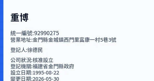 重博的照片-統編 92990275(金門縣) 公司登記資料與營業項目詳細圖表