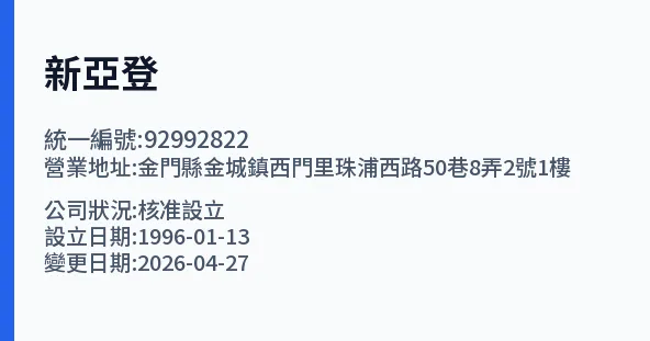 新亞登的照片-統編 92992822(金門縣) 公司登記資料與營業項目詳細圖表