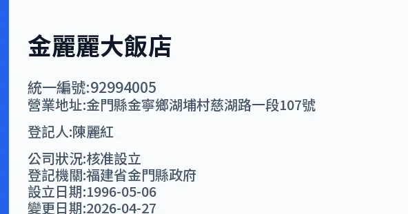 金麗麗大飯店的照片-統編 92994005(金門縣) 公司登記資料與營業項目詳細圖表