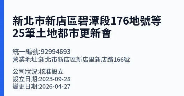 新北市新店區碧潭段176地號等25筆土地都市更新會的照片-統編 92994693(新北市) 公司登記資料與營業項目詳細圖表