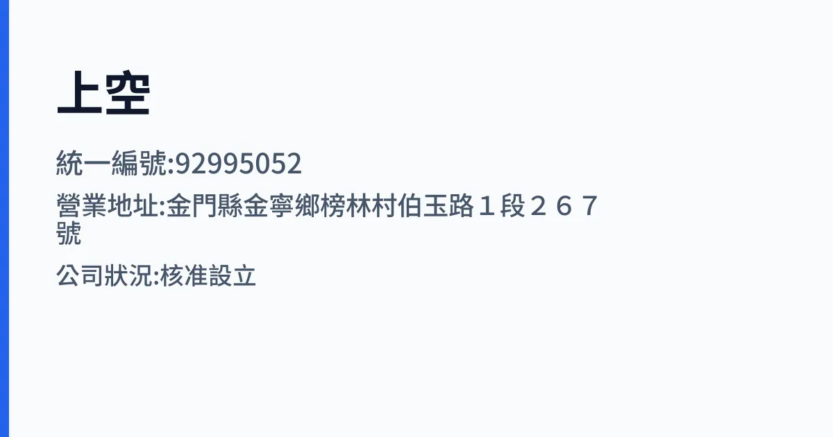 上空 - 統編 92995052(金門縣) 公司登記資料與營業項目詳細圖表