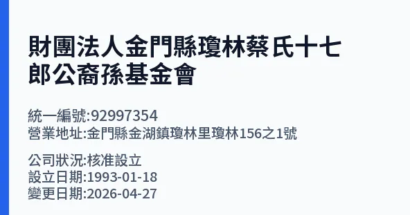 財團法人金門縣瓊林蔡氏十七郎公裔孫基金會的照片-統編 92997354(金門縣) 公司登記資料與營業項目詳細圖表
