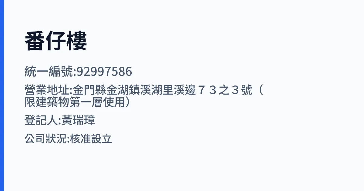 番仔樓 - 統編 92997586(金門縣) 公司登記資料與營業項目詳細圖表