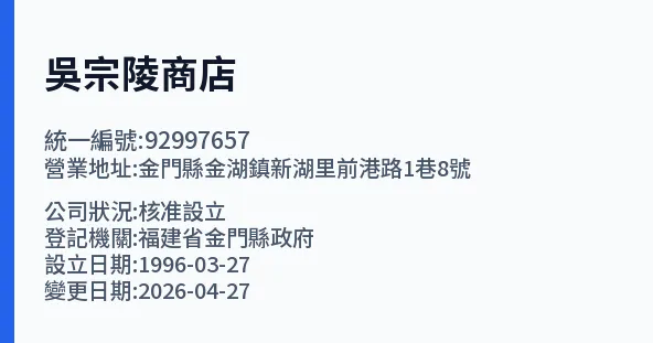 吳宗陵商店的照片-統編 92997657(金門縣) 公司登記資料與營業項目詳細圖表