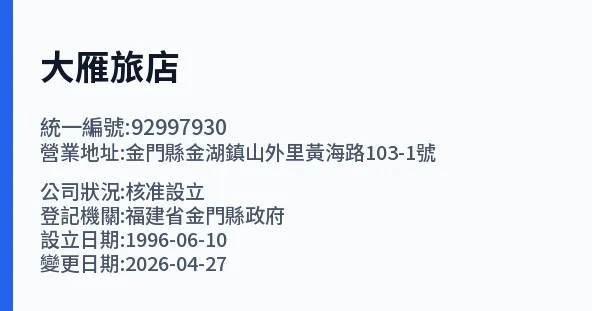 大雁旅店的照片-統編 92997930(金門縣) 公司登記資料與營業項目詳細圖表