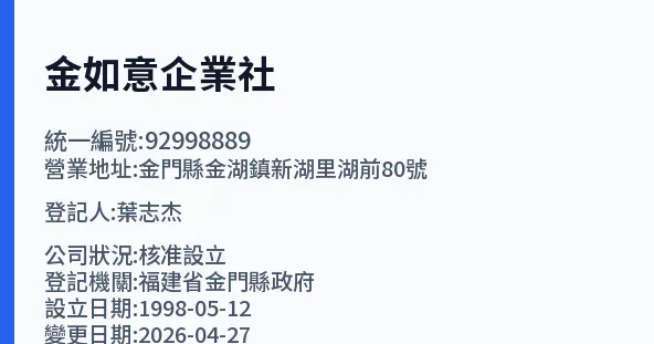 金如意企業社的照片-統編 92998889(金門縣) 公司登記資料與營業項目詳細圖表