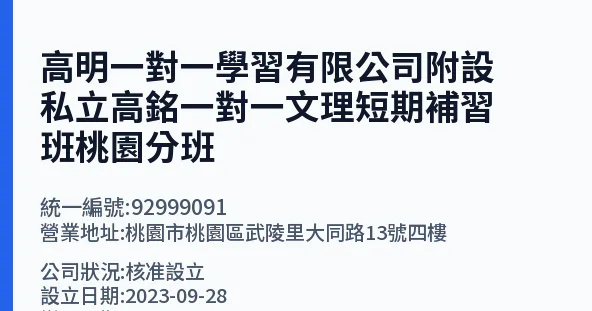 高明一對一學習有限公司附設私立高銘一對一文理短期補習班桃園分班的照片-統編 92999091(桃園市) 公司登記資料與營業項目詳細圖表