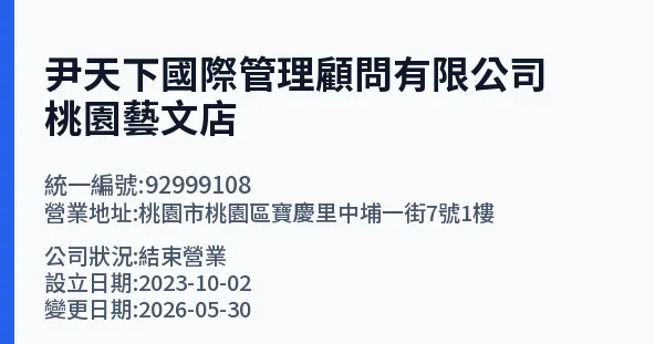 尹天下國際管理顧問有限公司桃園藝文店的照片-統編 92999108(桃園市) 公司登記資料與營業項目詳細圖表