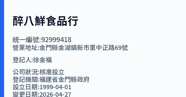 醉八鮮食品行的照片-統編 92999418(金門縣) 公司登記資料與營業項目詳細圖表