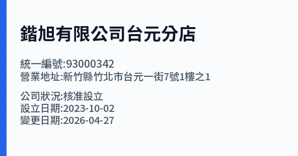 鍇旭有限公司台元分店的照片-統編 93000342(新竹縣) 公司登記資料與營業項目詳細圖表