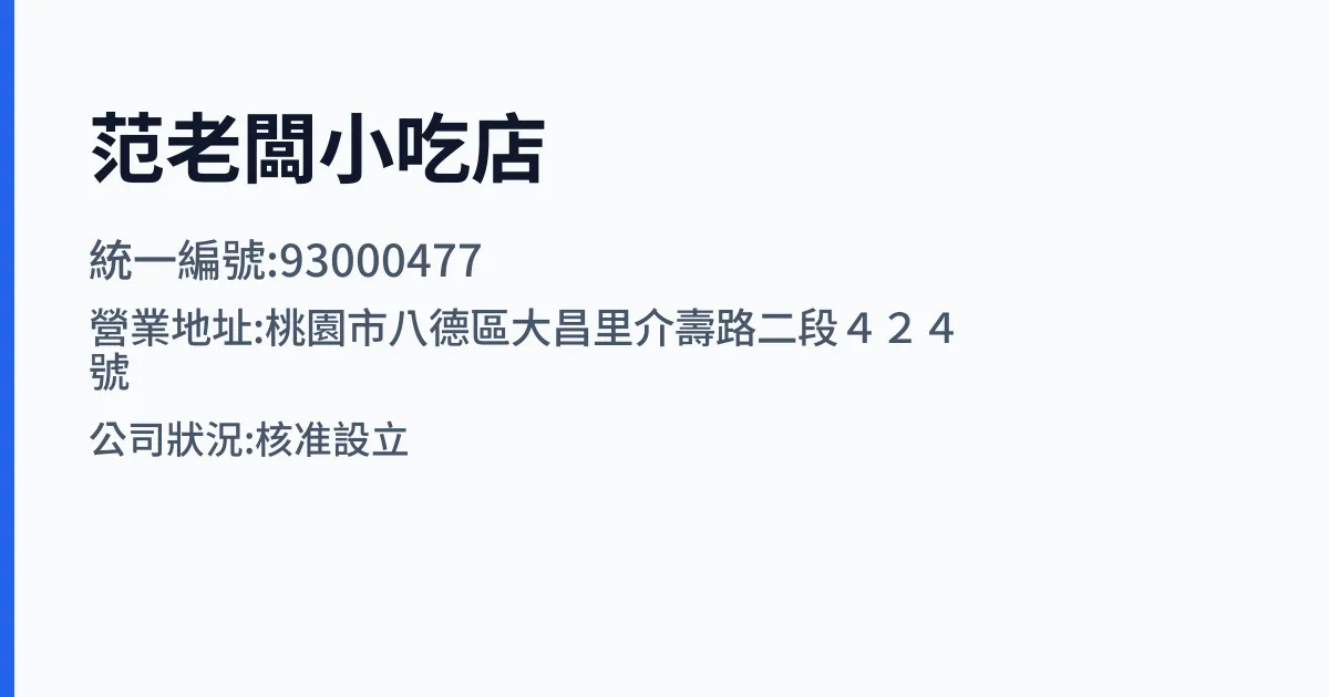范老闆小吃店 - 統編 93000477(桃園市) 公司登記資料與營業項目詳細圖表