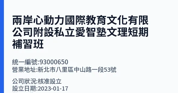 兩岸心動力國際教育文化有限公司附設私立愛智塾文理短期補習班的照片-統編 93000650(新北市) 公司登記資料與營業項目詳細圖表