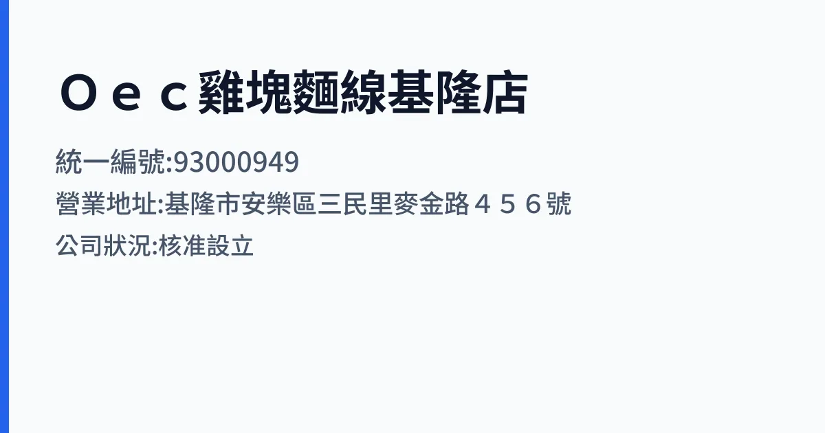 Ｏｅｃ雞塊麵線基隆店 - 統編 93000949(基隆市) 公司登記資料與營業項目詳細圖表